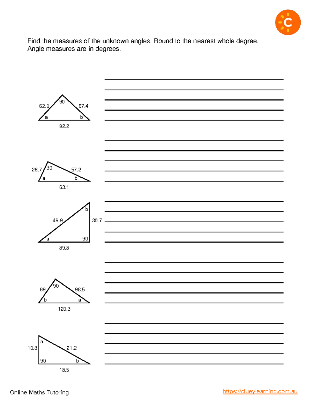 Year 9 Geometry Maths Worksheet: Finding Unknown Angles in Right ...