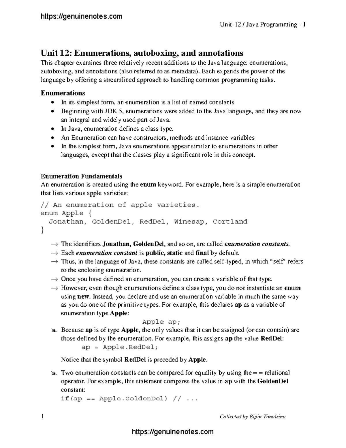 Unit 12 Enumarations autoboxing and annotations - Unit-12 / Java Programming - I 1 Collected by ...