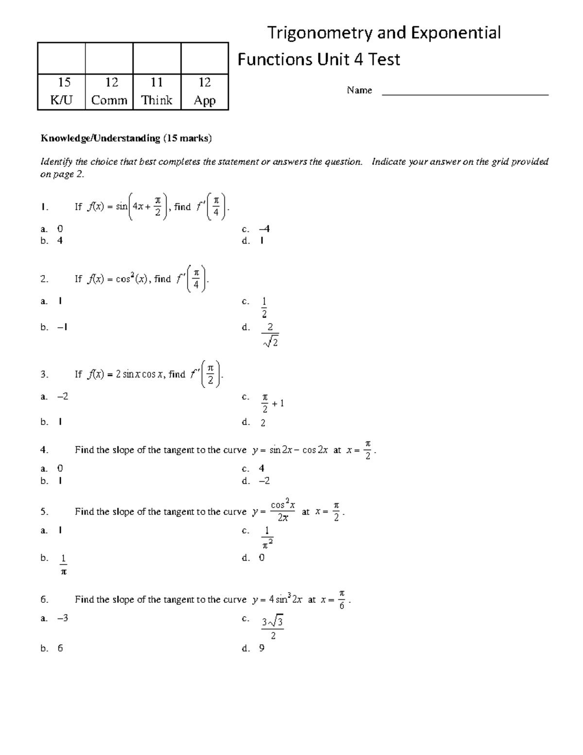 MCV4U Unit 4 Test: Trigonometry & Exponential Functions - Studocu