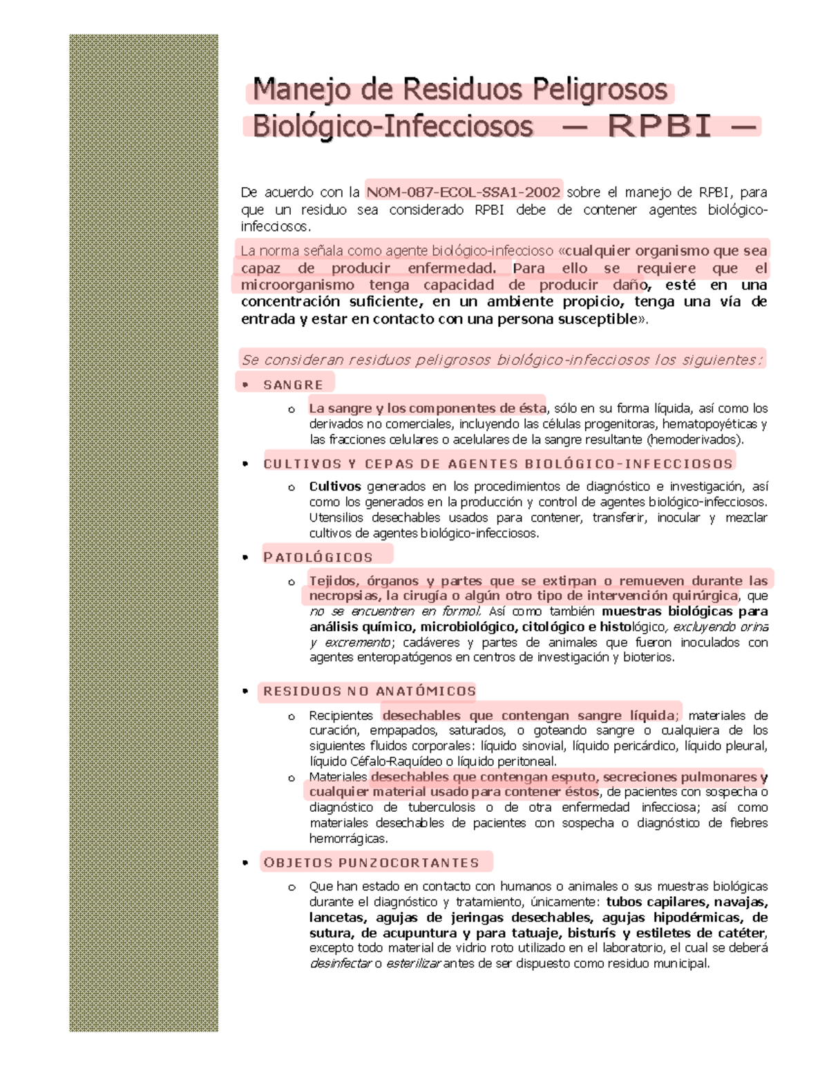 RPBI - Rpbi laboratorio - De acuerdo con la NOM- 087 - ECOL-SSA1- 2002 ...