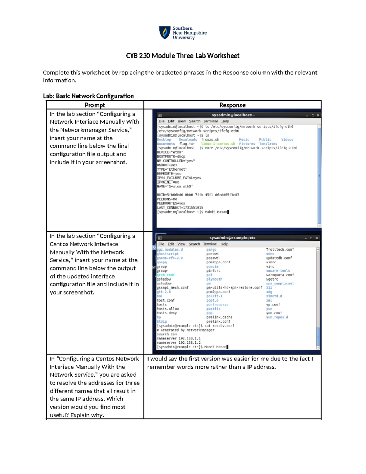 CYB 230 Module 3 - Lab Worksheet on Network Config & Security - Studocu