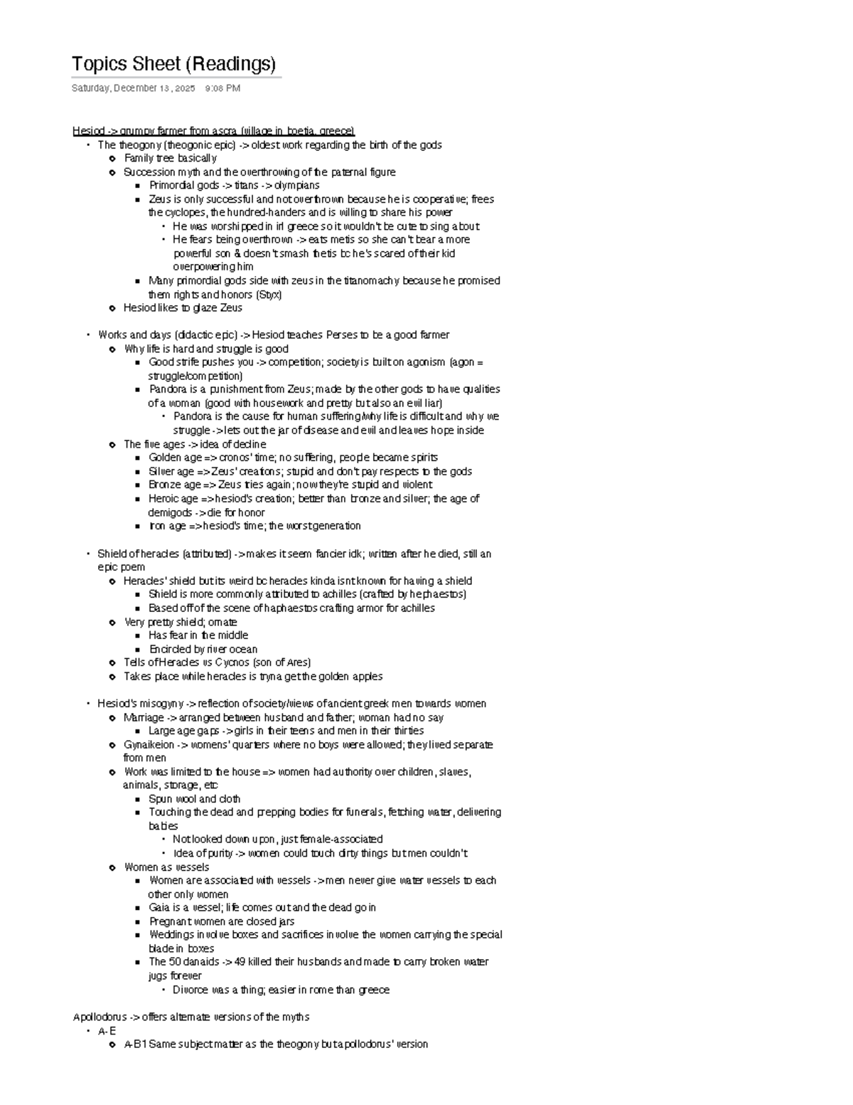 CLA204 Reading Topics: Hesiod and Greek Mythology Insights (Fall 2025 ...