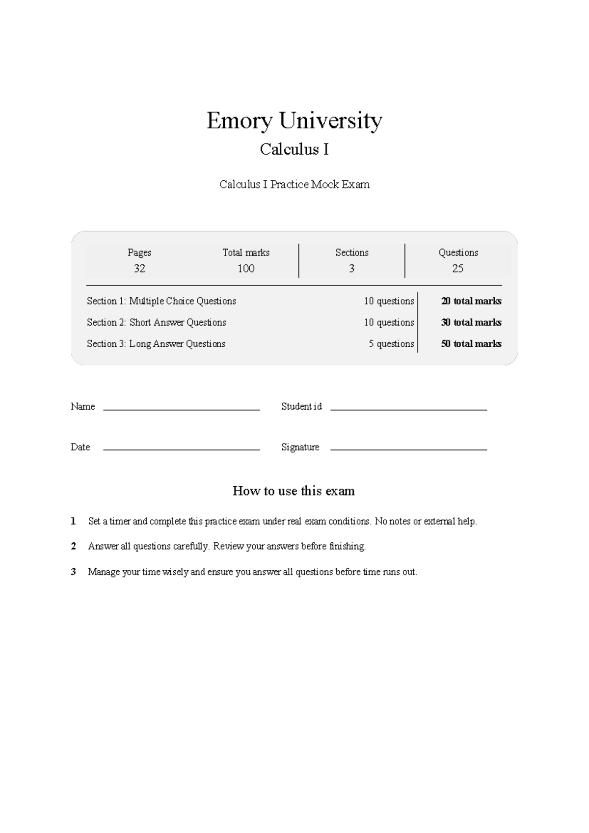 MATH 111 Calculus I Emory Practice Mock Exam 2026 - Studocu