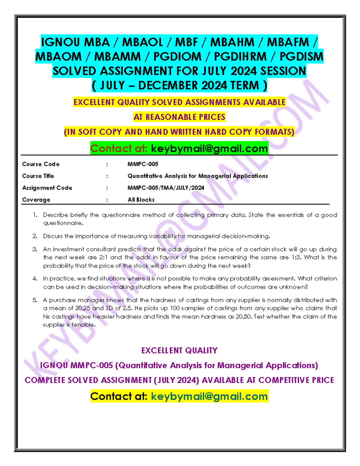 MMPC-005 (JULY 2024 Session) - IGNOU MBA / MBAOL / MBF / MBAHM / MBAFM / MBAOM / MBAMM / PGDIOM ...