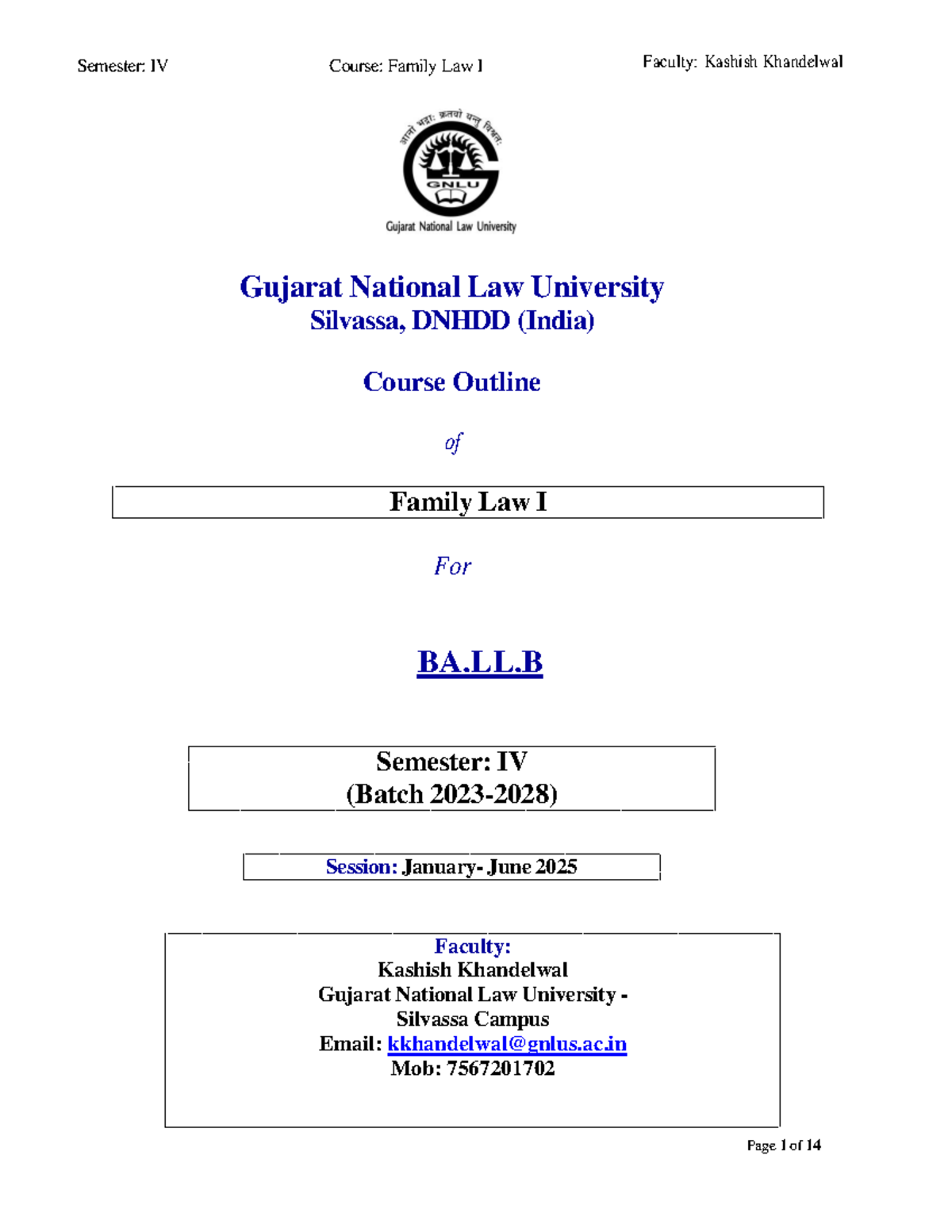 Family Law I Course Outline (BA.LL.B IV Sem) - 2025 - Studocu