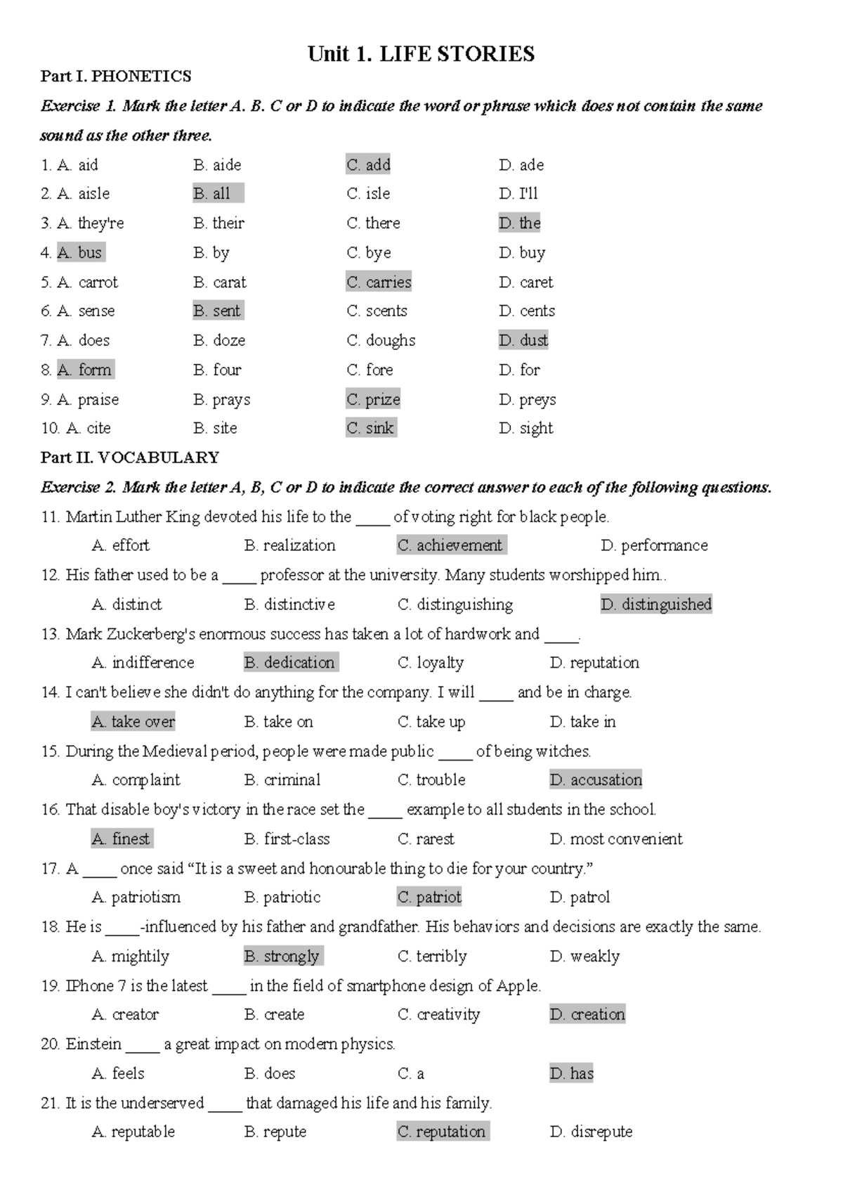ĐÁP ÁN UNIT 1. LIFE Stories Class - Unit 1. LIFE STORIES Part I ...