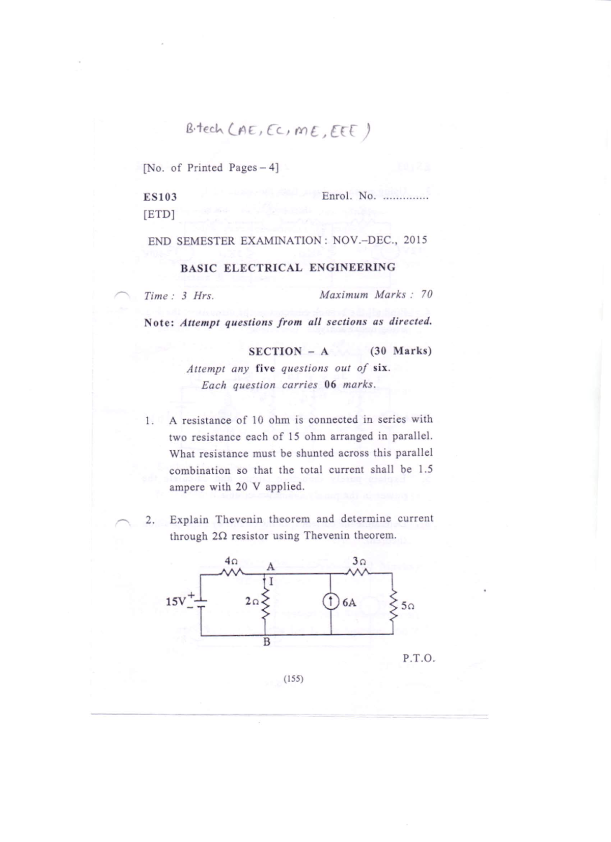 Basic Electrical Engineering Exam Notes, ES103, Nov-Dec 2015 - Studocu