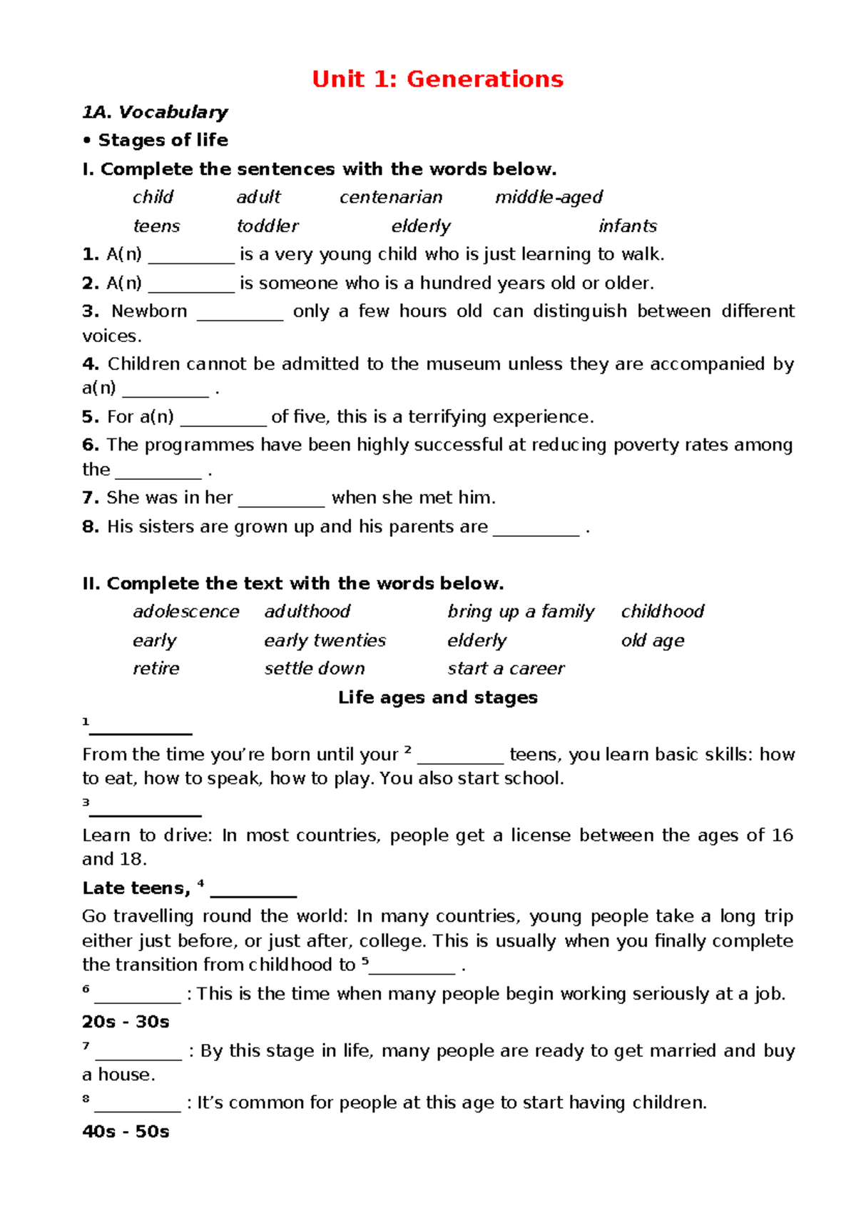 Unit 1: Generations 1A. Vocabulary and Exercises on Life Stages - Studocu