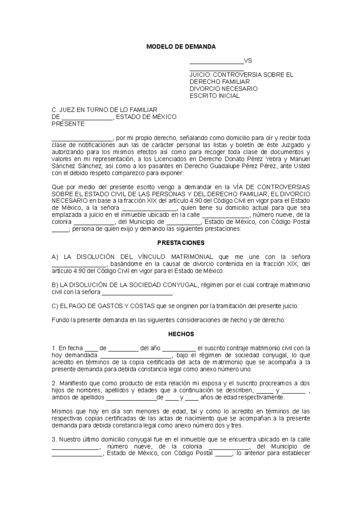 Modelo de Demanda para Juicio Oral Familiar: Divorcio Necesario - Studocu