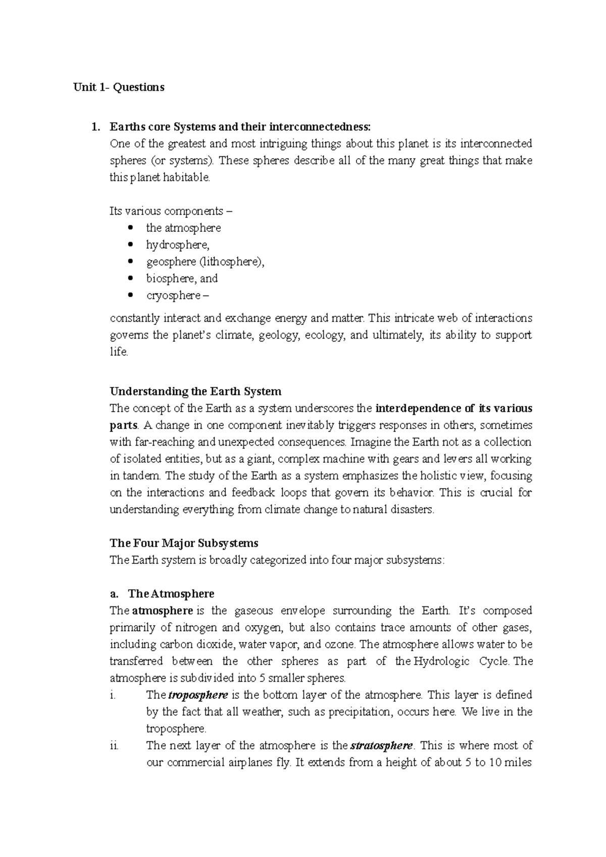 Unit 1 Questions: Earth's Core Systems & Interconnectedness - Studocu