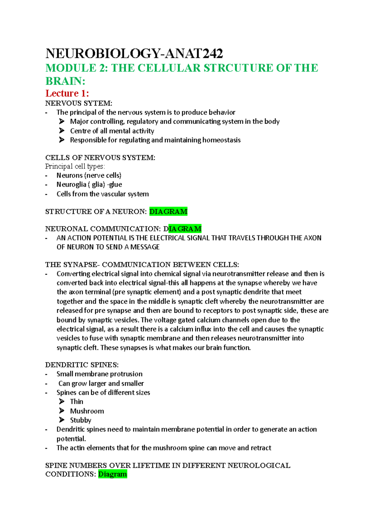 Anat242 Neurobiology Lecture Notes: Cellular Structure & Function ...