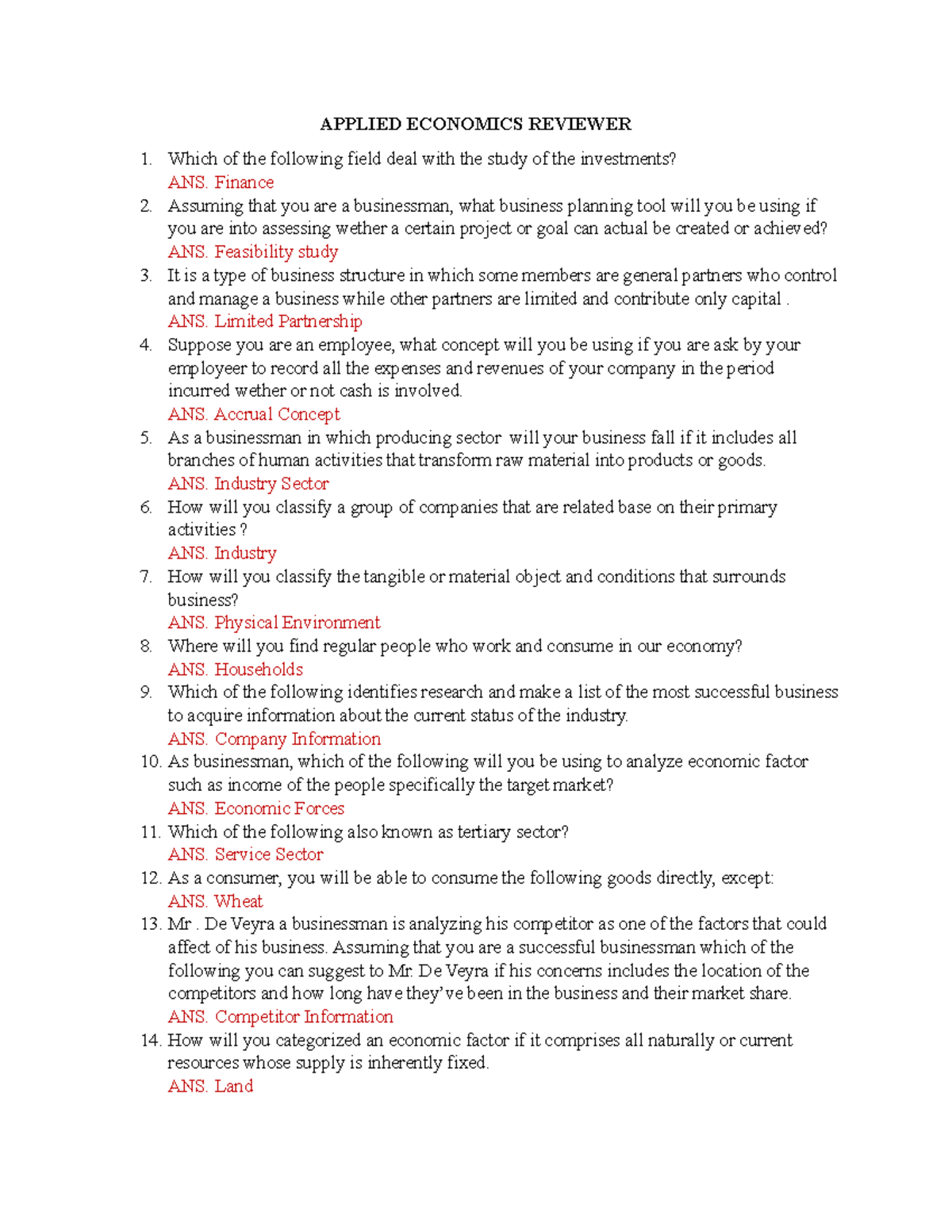 APPLIED ECONOMICS REVIEWER 2: Key Concepts and Business Principles ...