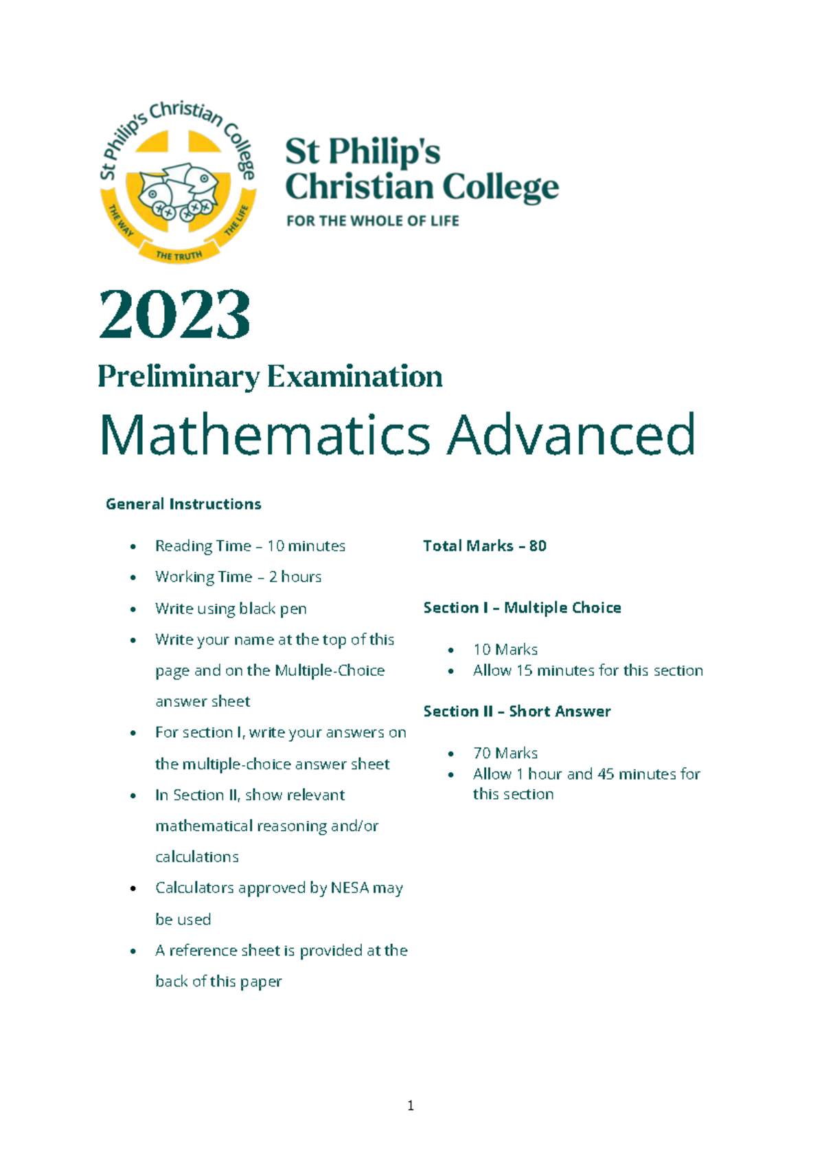 2023 Year 11 Mathematics Advanced Preliminary Exam Guide - Studocu