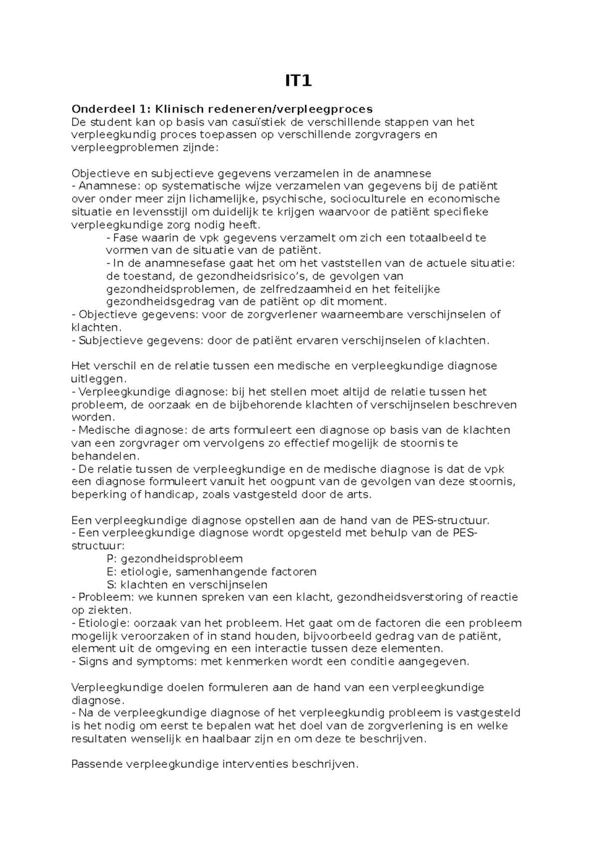 IT1 - Samenvatting van Klinisch Redeneren en Verpleegproces - Studeersnel