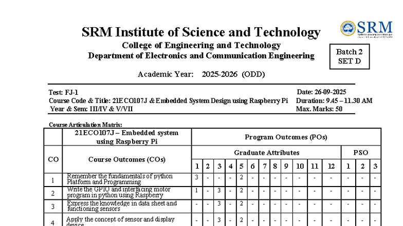 21ECO107J Embedded System Design - SET D Answer Key - Studocu