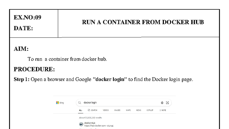 EX.NO:09 Docker Hub Container Setup Guide - Studocu