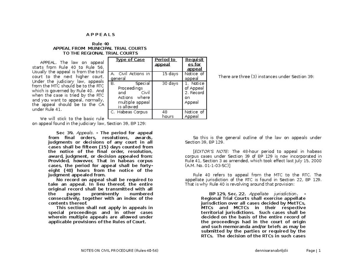 APPEALS Rule 40: From MTC to RTC - Key Procedures and Timelines - Studocu