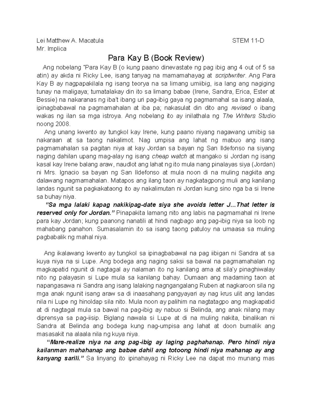 PARA-KAY-B - Book Review of "Para Kay B" by Ricky Lee - Studocu