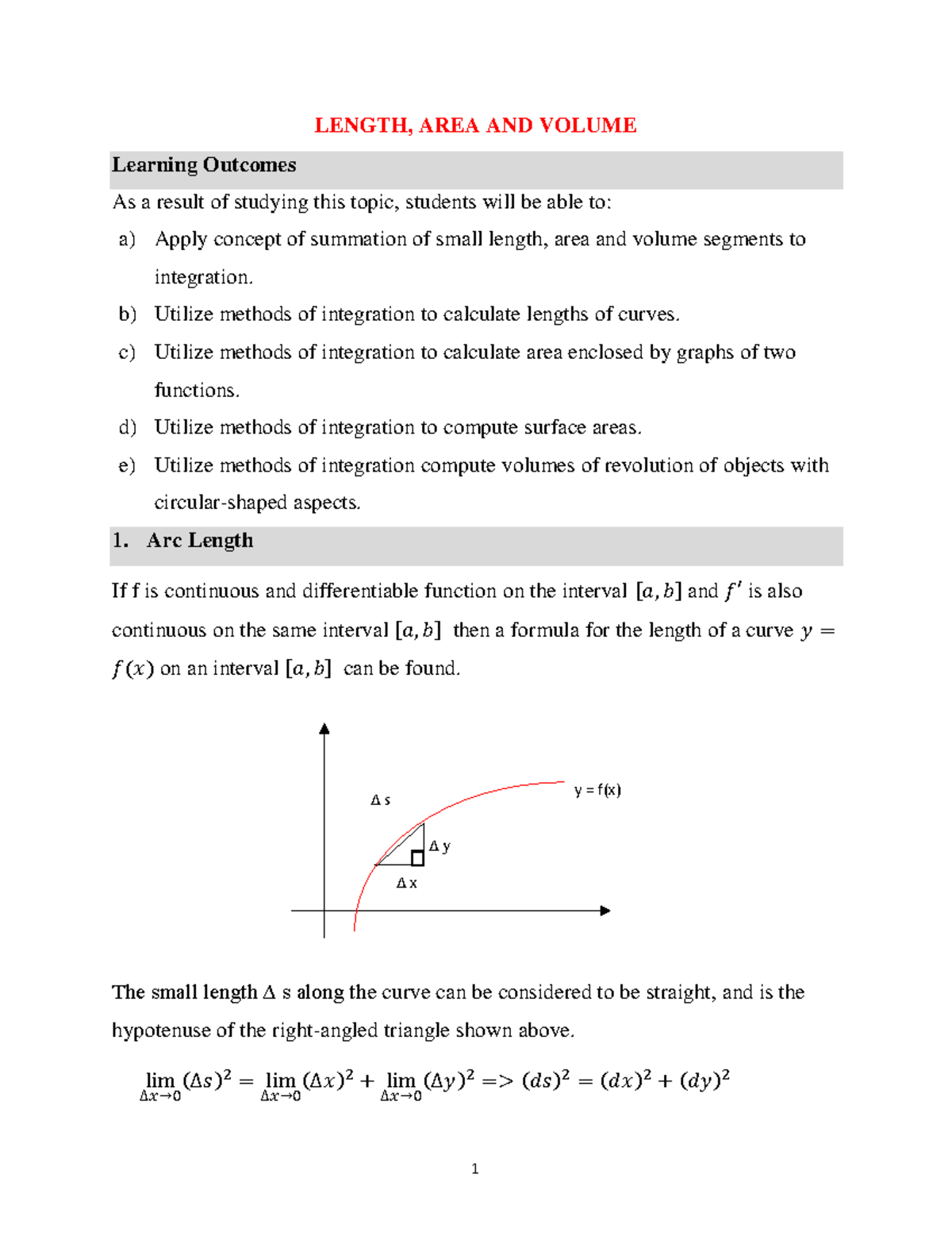 Lesson 7: Arc Length, Area, and Volume Concepts - Studocu