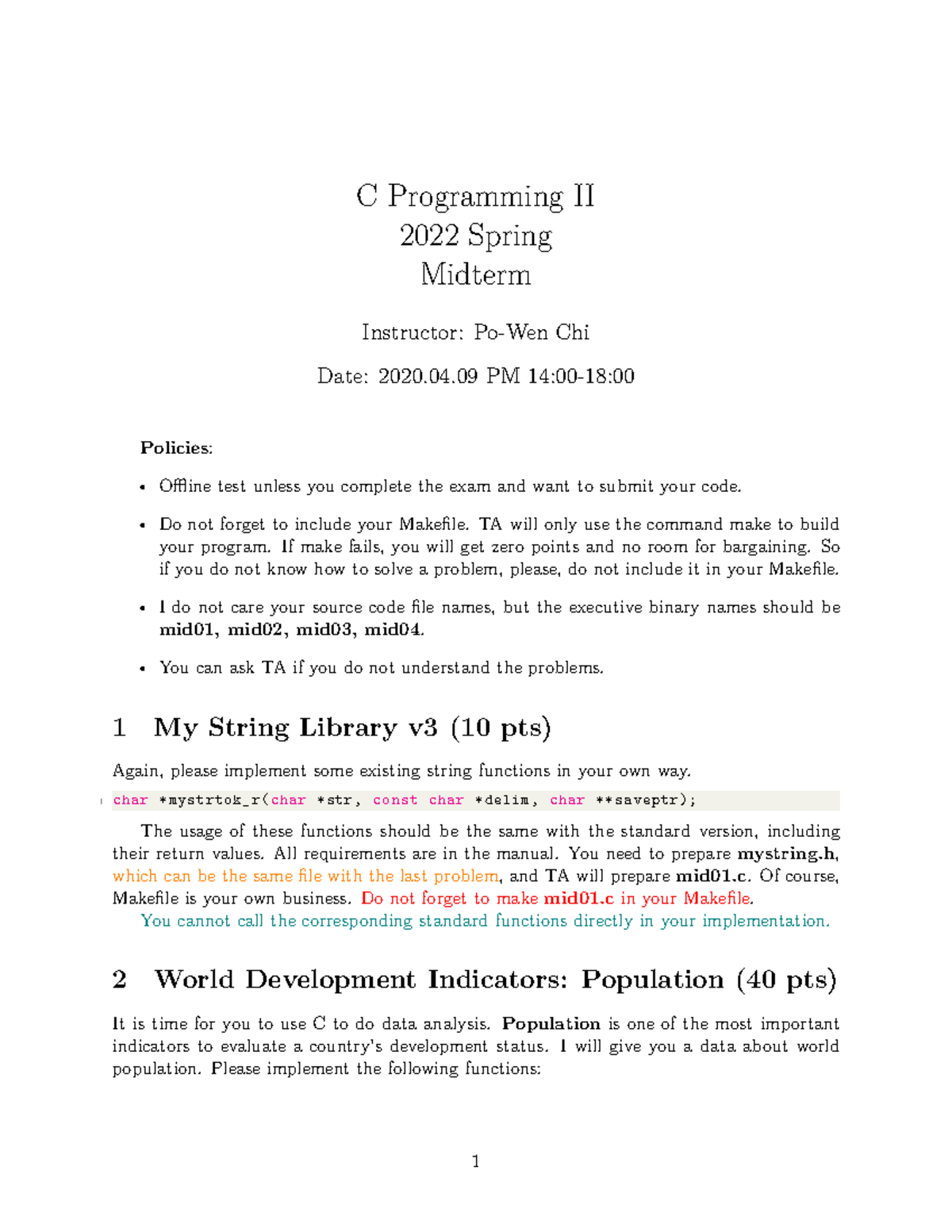 C Programming II: Midterm & Final Exam Overview (2022 Spring) - Studocu