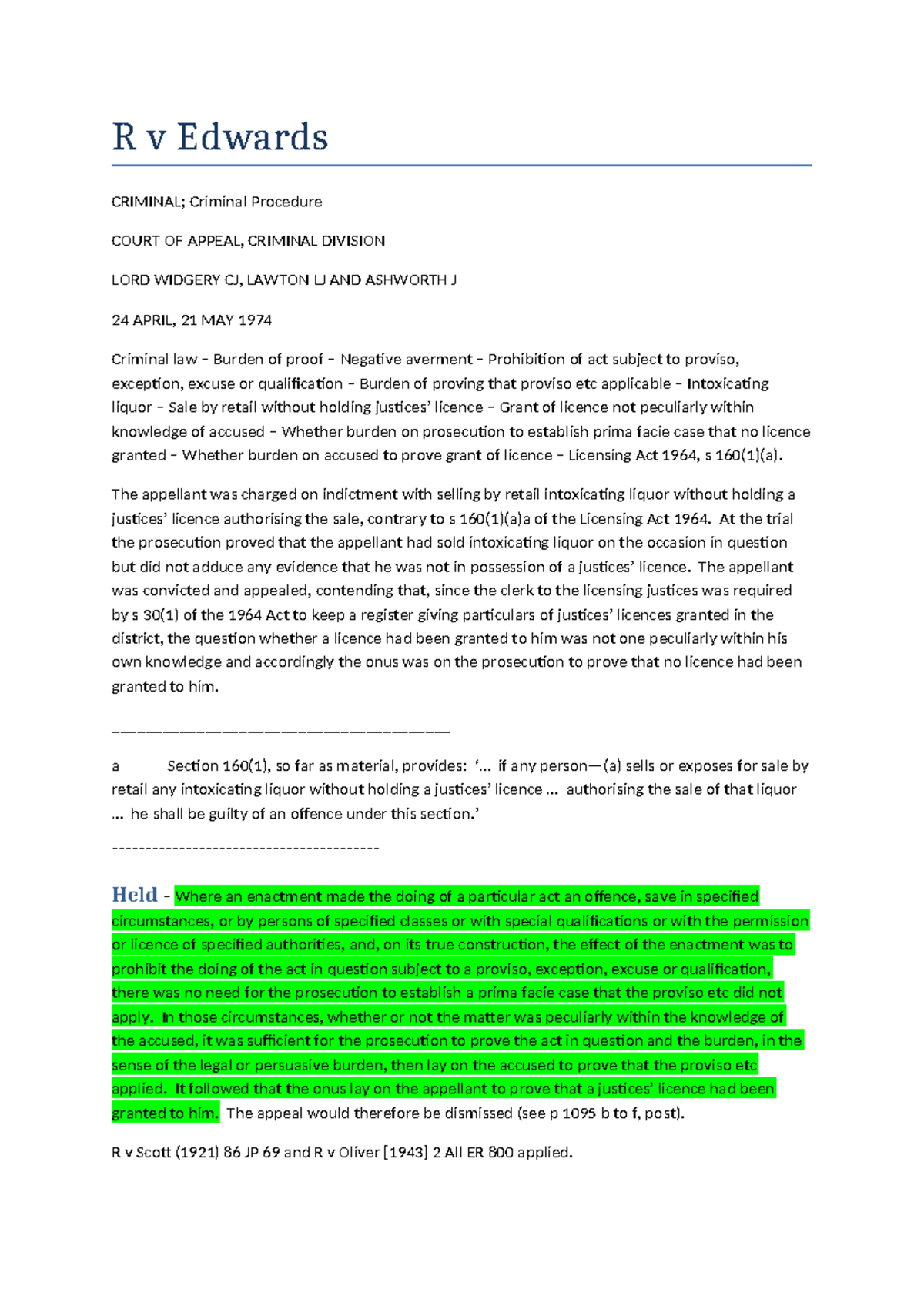 R v Edwards: Burden of Proof in Intoxicating Liquor Cases - Full Case ...