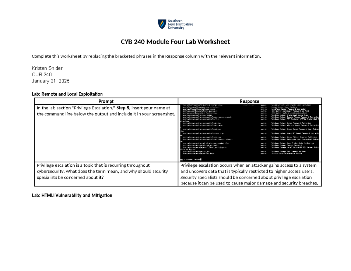CYB 240 Module 4 Lab Activity: Exploitation & Privilege Escalation - Studocu
