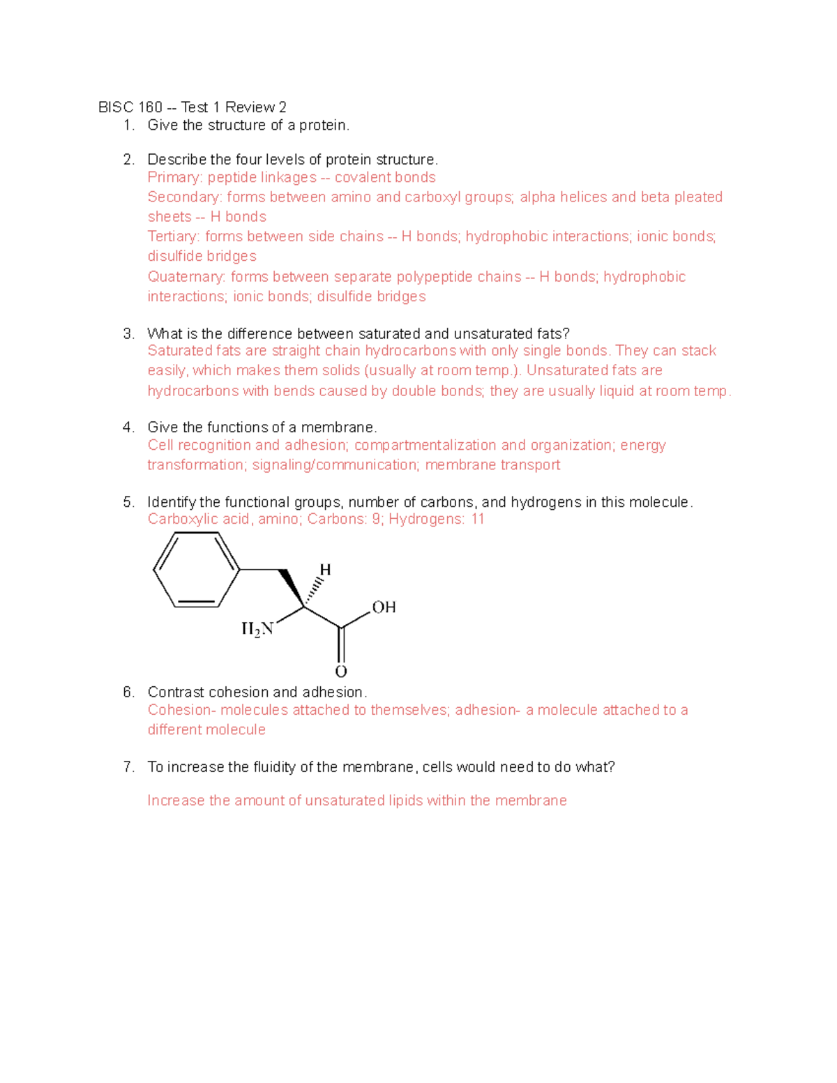 BISC 160 - TEST 1 Review 2 - BISC 160 - Test 1 Review 2 1. Give the ...