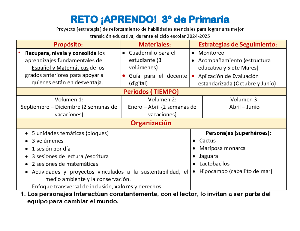 RETO Aprendo 3° - Material de Apoyo en Español y Matemáticas - Studocu