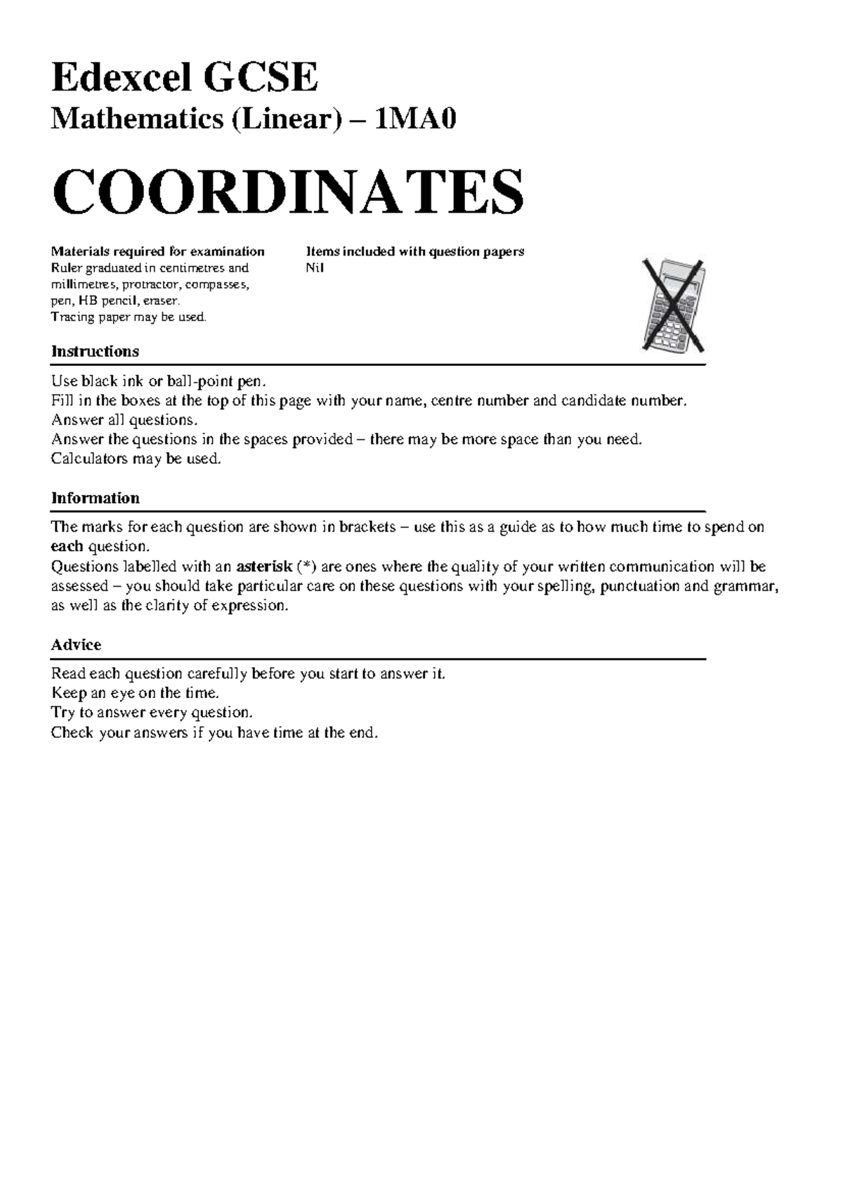 Edexcel GCSE Maths 1MA0 Coordinates Exam Instructions & Practice - Studocu