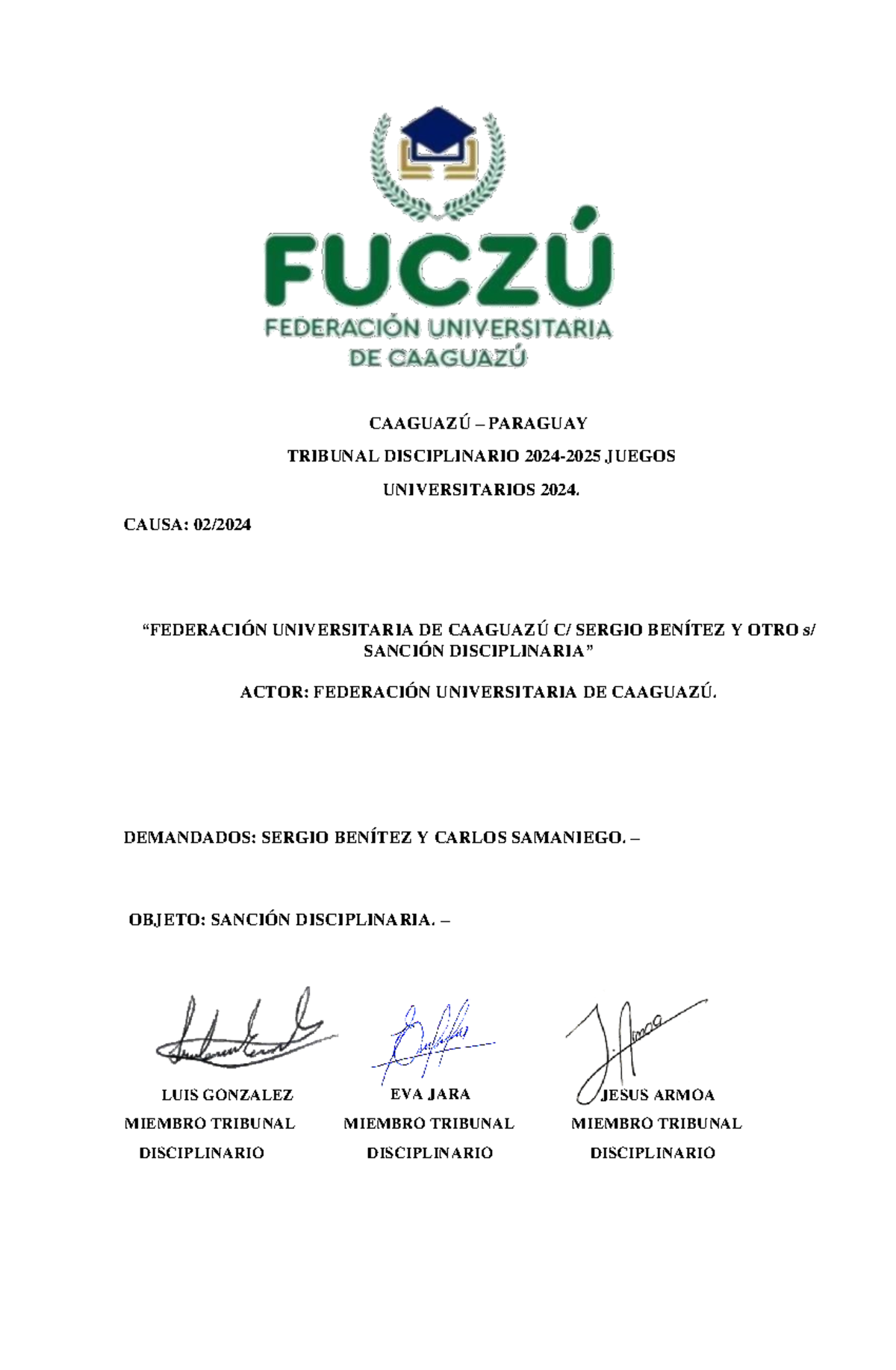 Acuerdo Resolutivo NRO 2 - Tribunal Disciplinario FUCZÜ 2024-2025 - Studocu