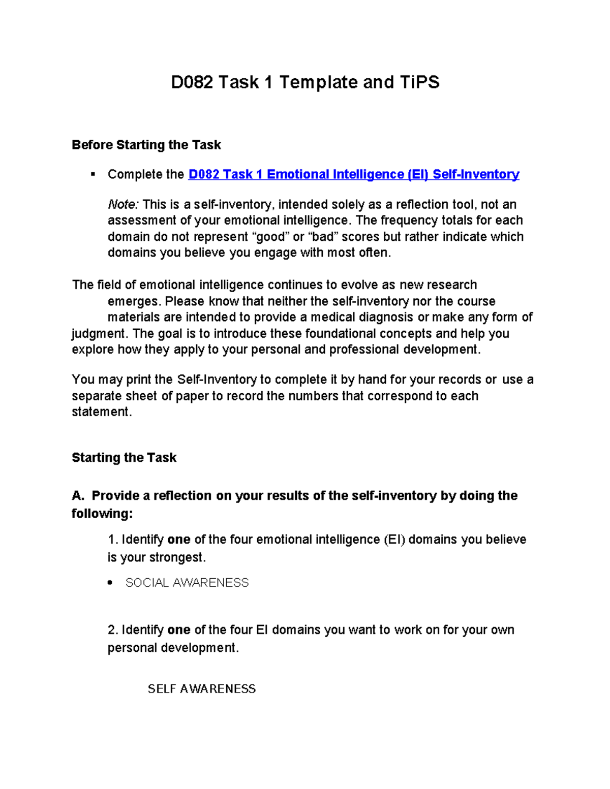 D082 Task 1: Emotional Intelligence Reflection and Development Tips ...