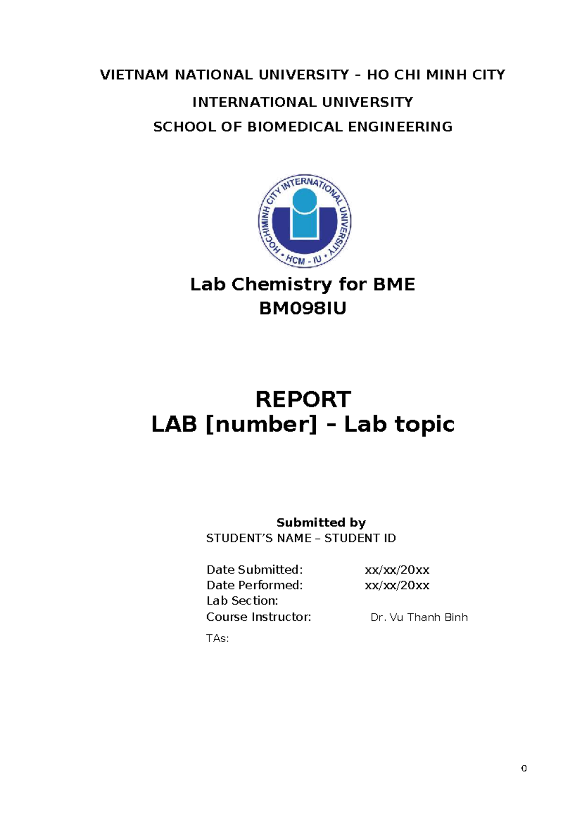 Lab Chemistry Report for BME BM098IU: Template and Guidelines - Studocu