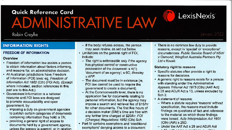 LexisNexis Quick Reference Card: Administrative Law Overview - Studocu