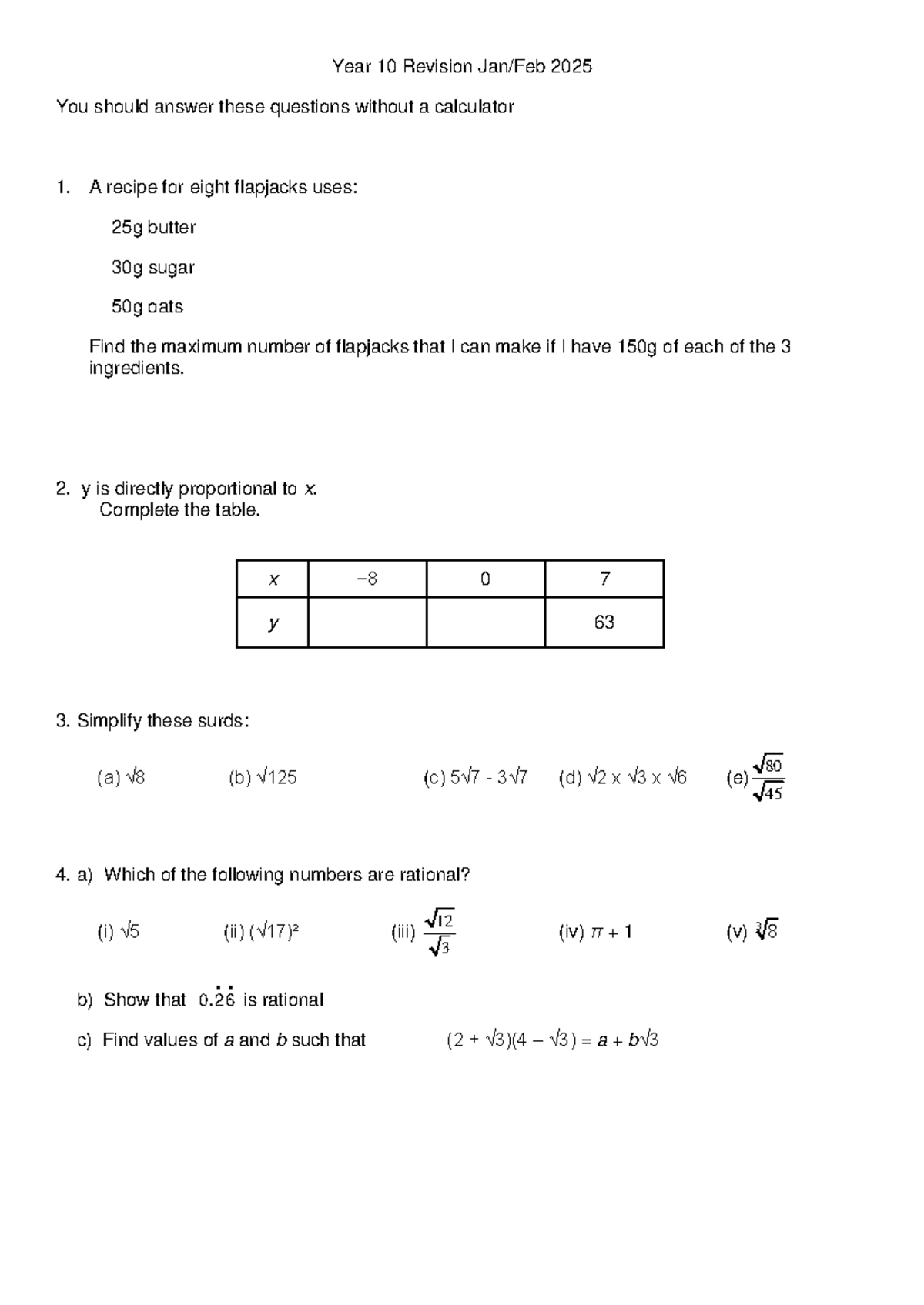 Year 10 Maths Revision Questions 2025 - Studocu