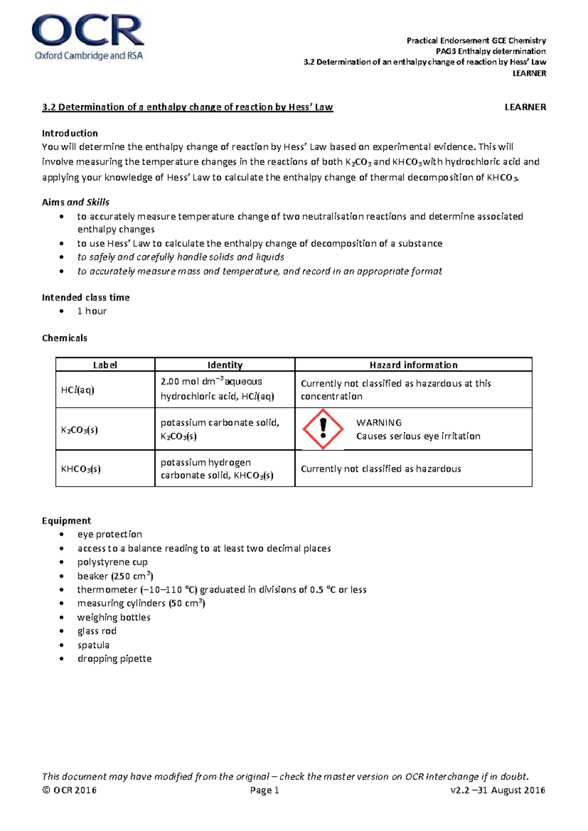 GCE Chemistry PAG3 Practical: Enthalpy Change Determination - Studocu
