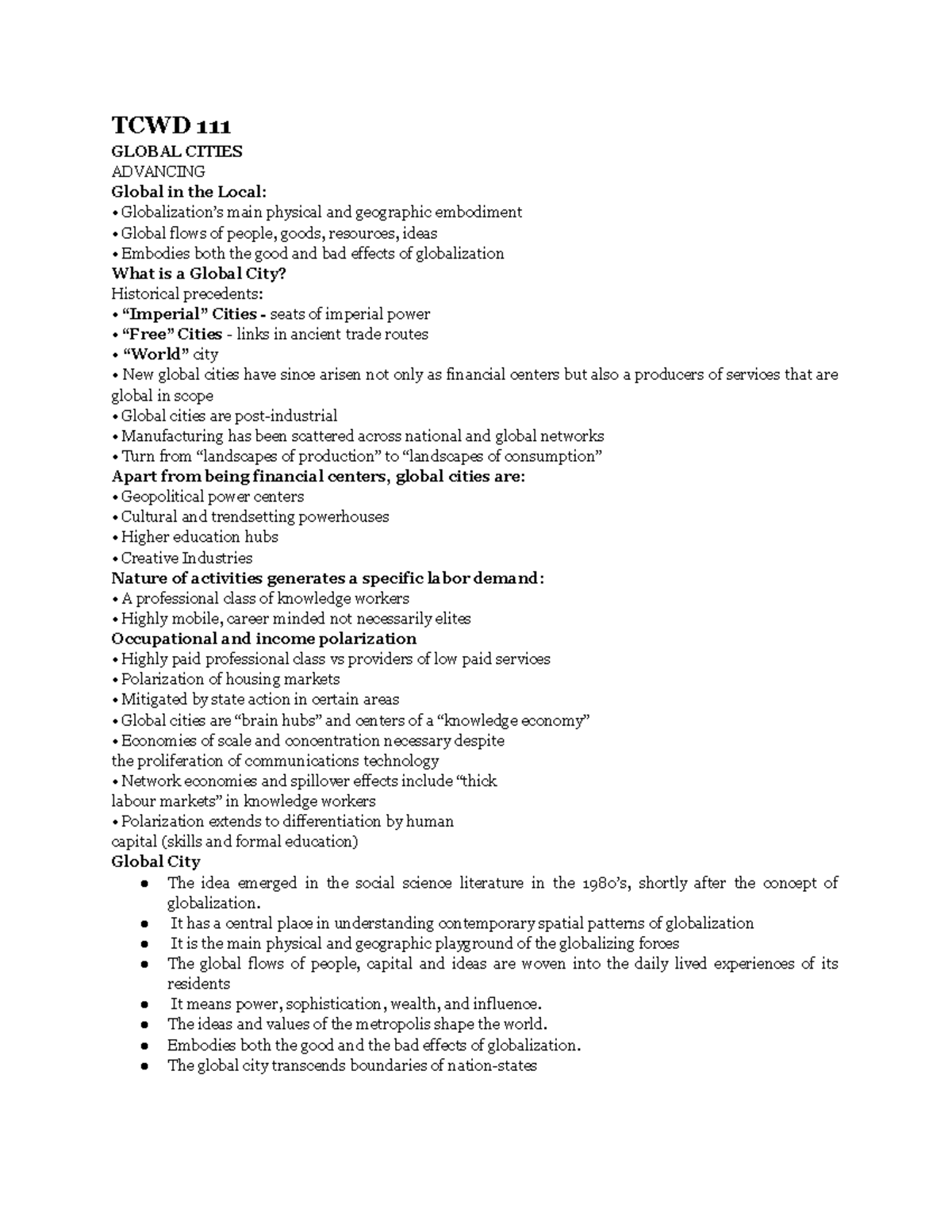 TCWD 111 Final Exam Reviewer: Global Cities and Their Dynamics - Studocu