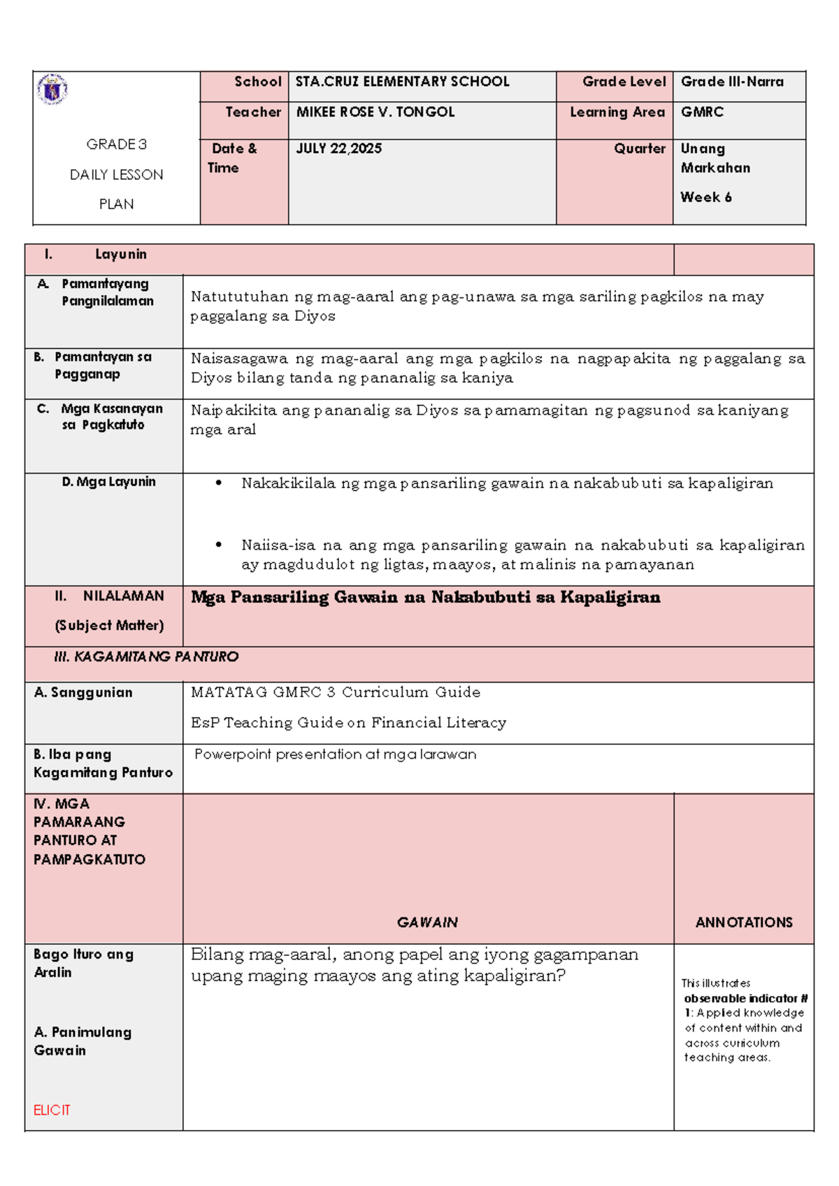 COT- Makabansa- Q1-W8: Daily Lesson Plan for Grade 3 GMRC - Studocu