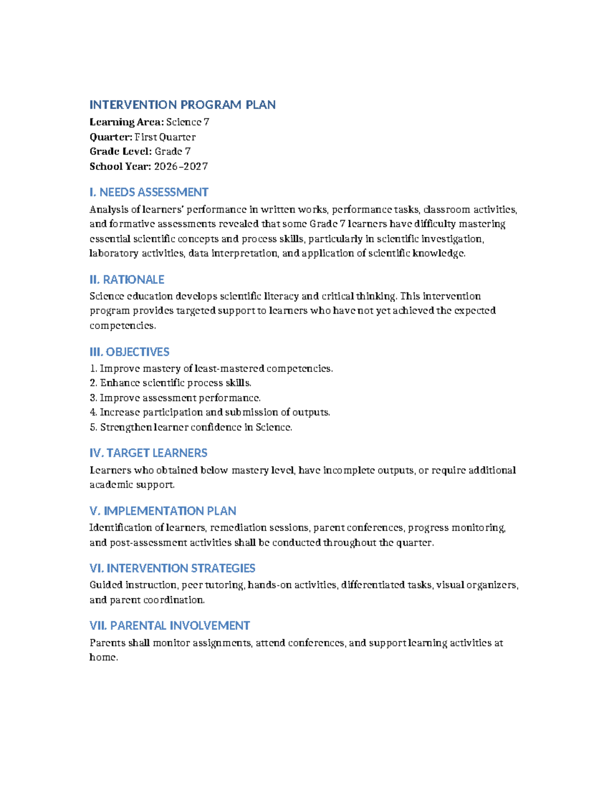 Science 7 Intervention Program Plan: First Quarter Support Strategies ...