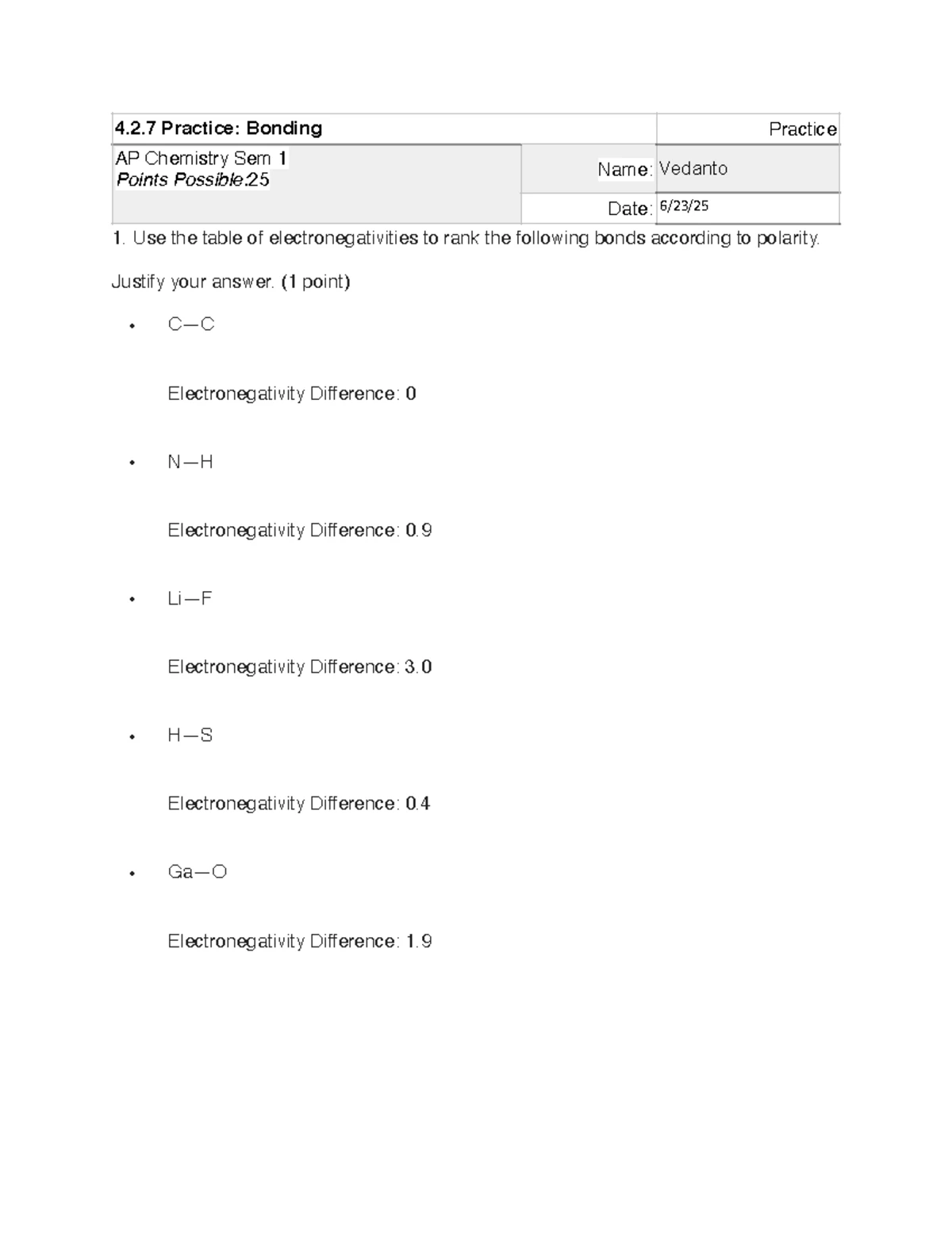 Chem HW 2: Bonding Practice for AP Chemistry Sem 1 - Studocu