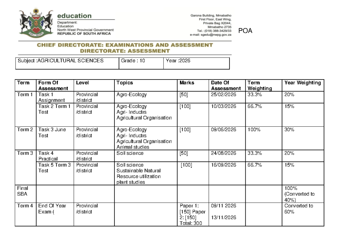 POA Agricultural Sciences 2026: Assessment Overview and Weighting - Studocu