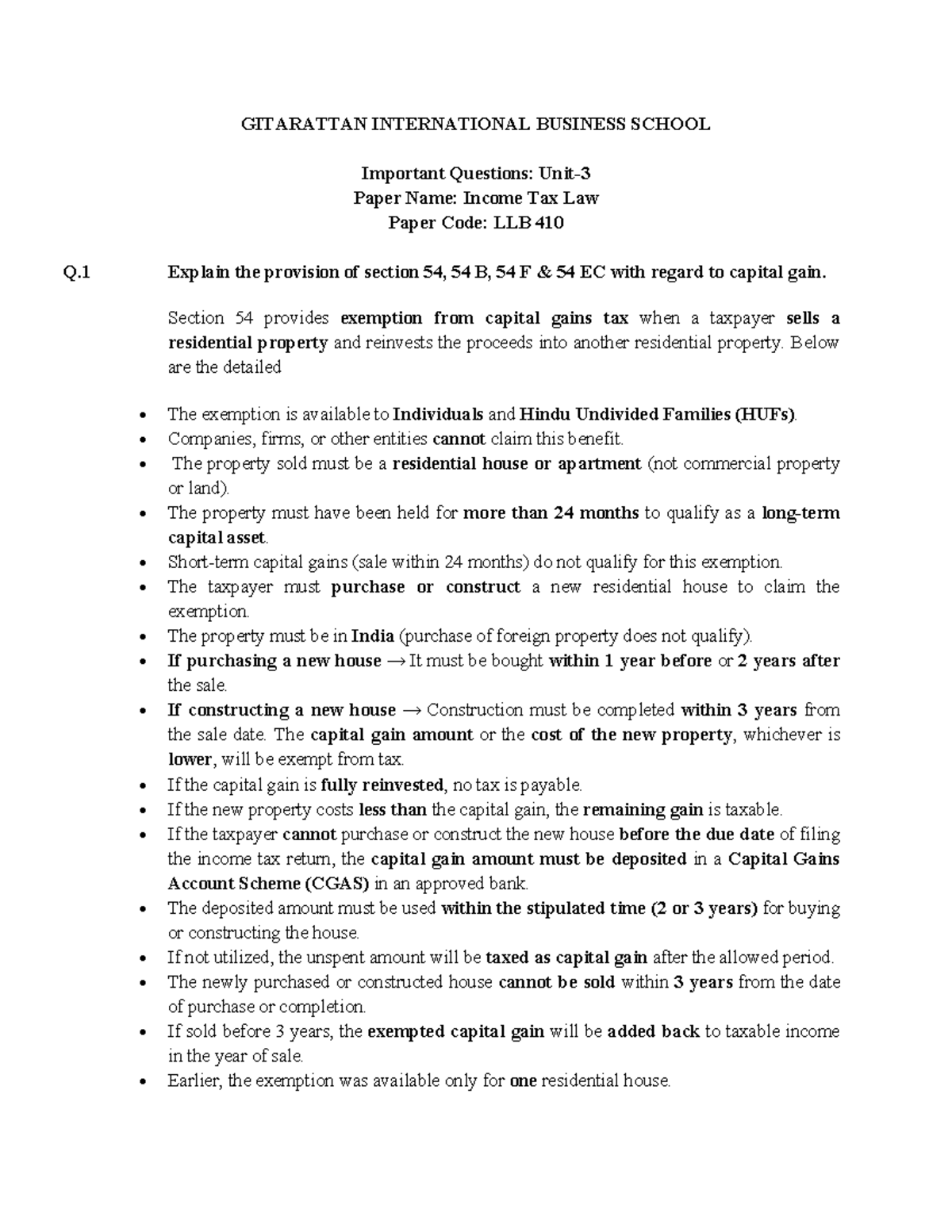 LLB 410 Income Tax Law: Key Provisions and Capital Gains Explained ...
