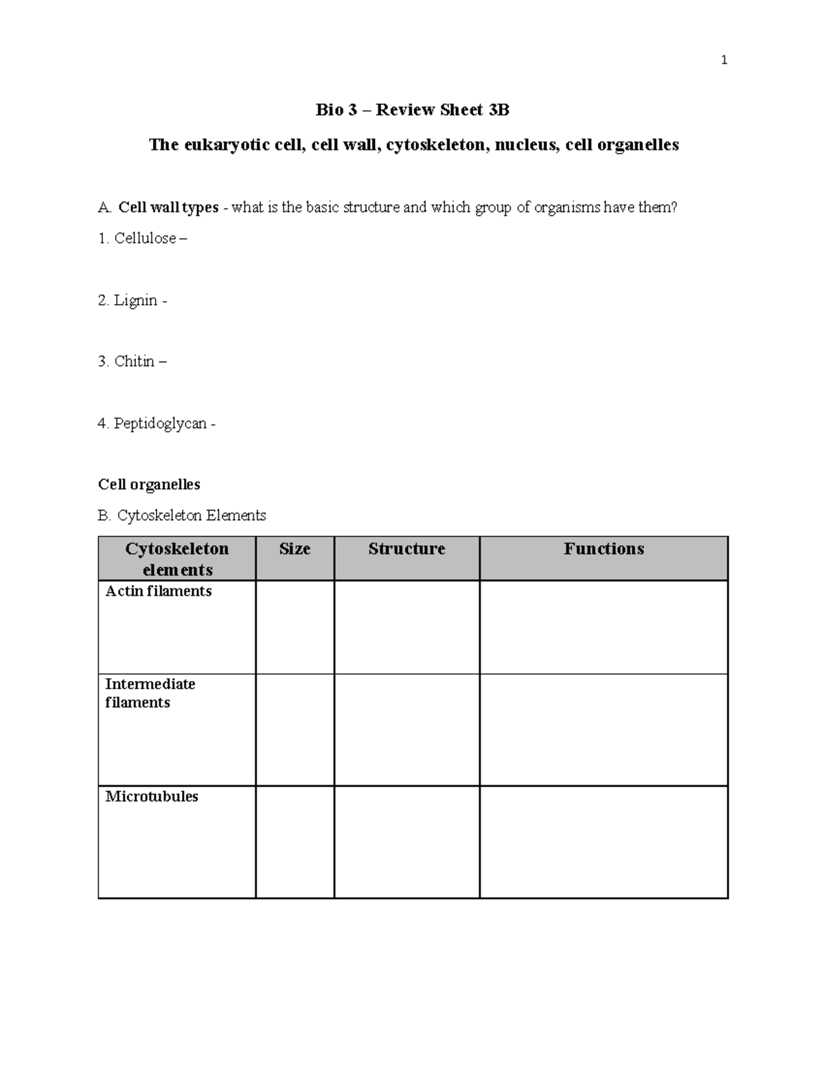 Bio 3 - Review Sheet 5: Eukaryotic Cell Structure & Function - Studocu