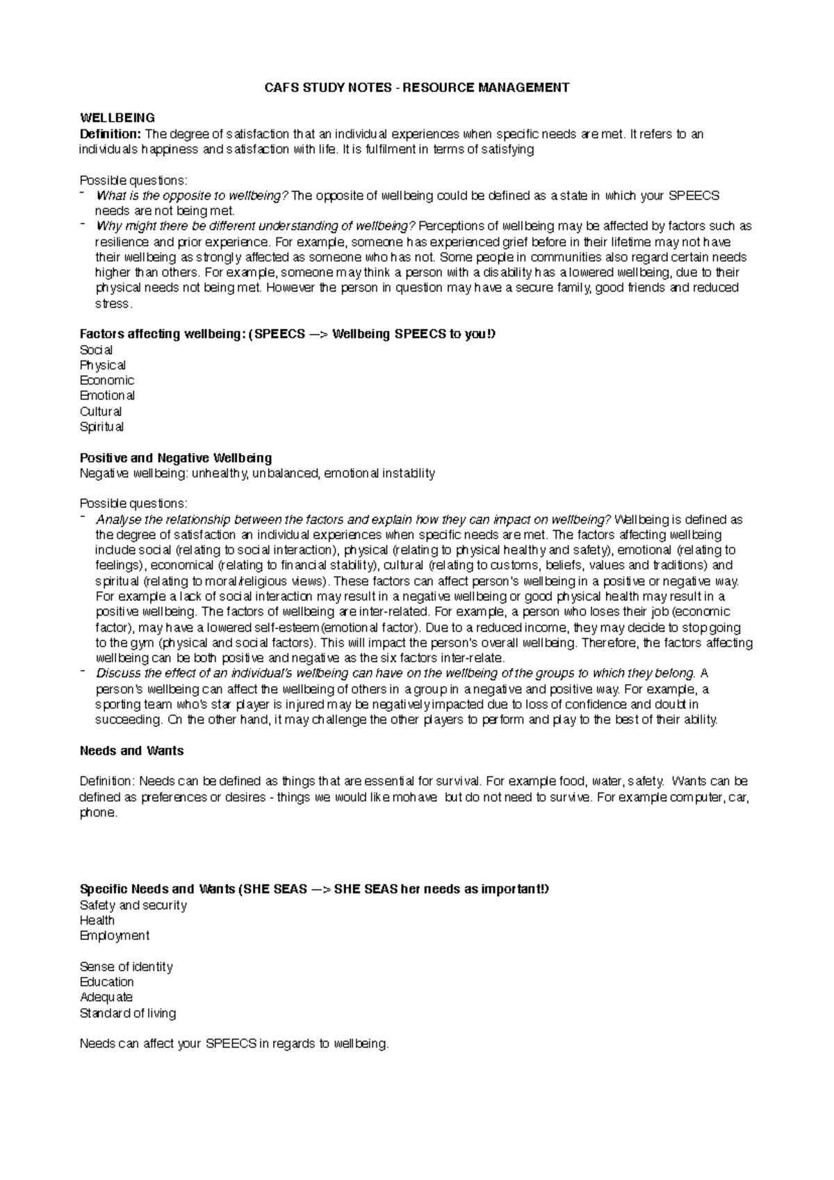 CAFS Study Notes: Resource Management & Wellbeing Insights - Studocu