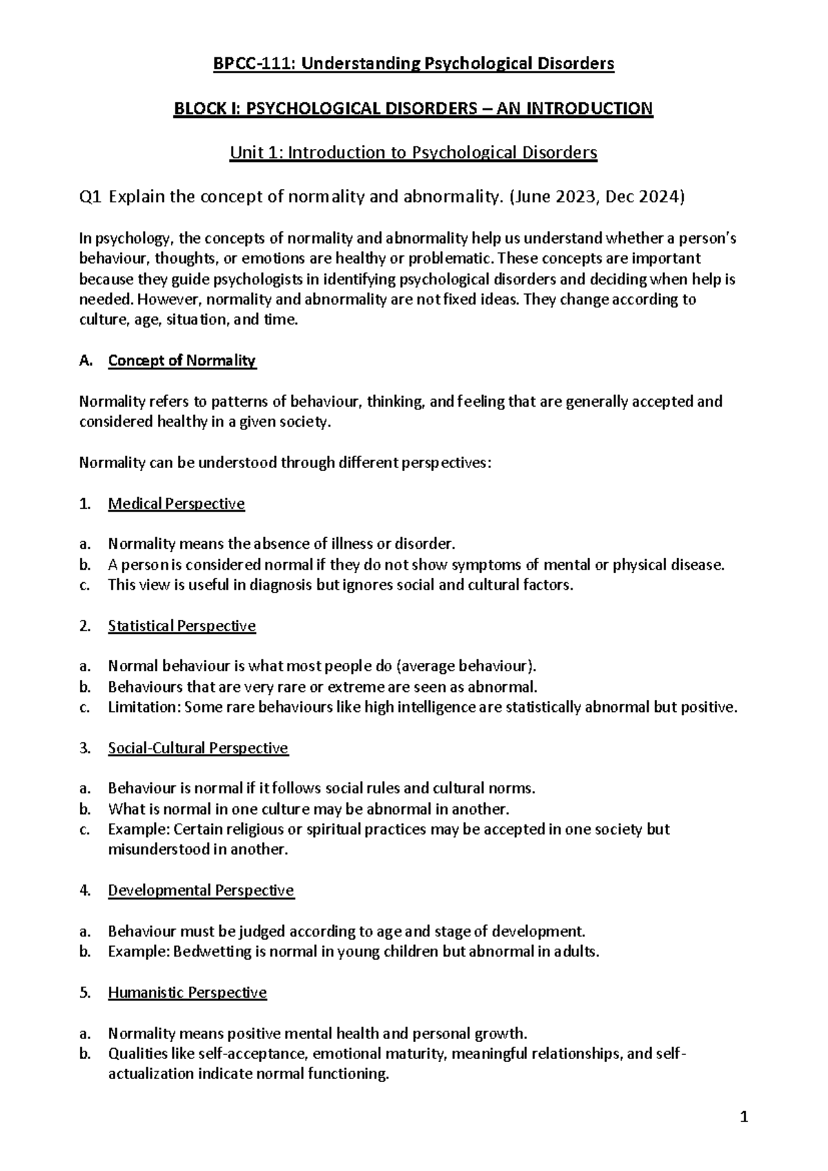 BPCC111 Understanding Psychological Disorders: Unit-Wise Solved Papers ...