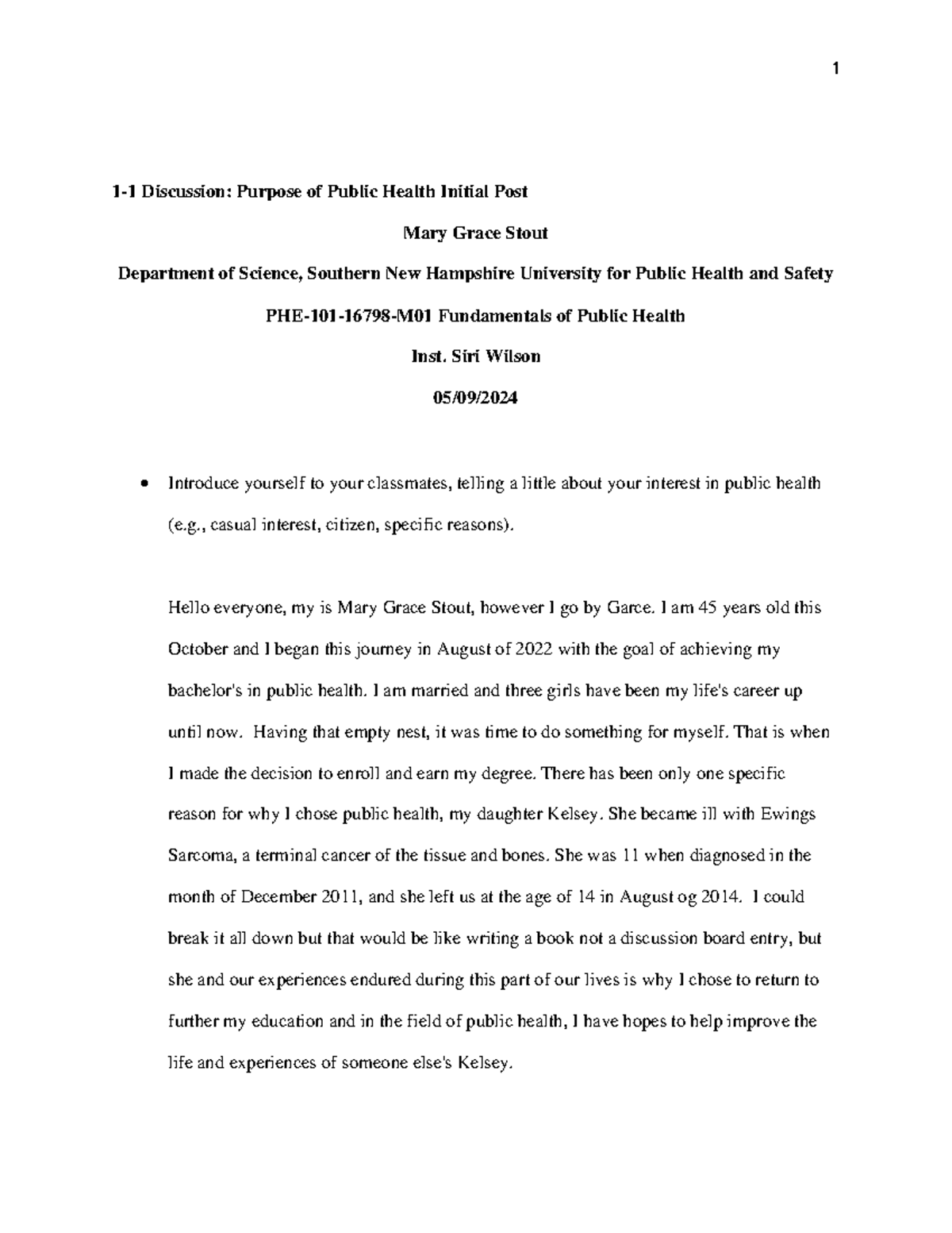 PHE-101 Initial Discussion Post: My Journey in Public Health - Studocu