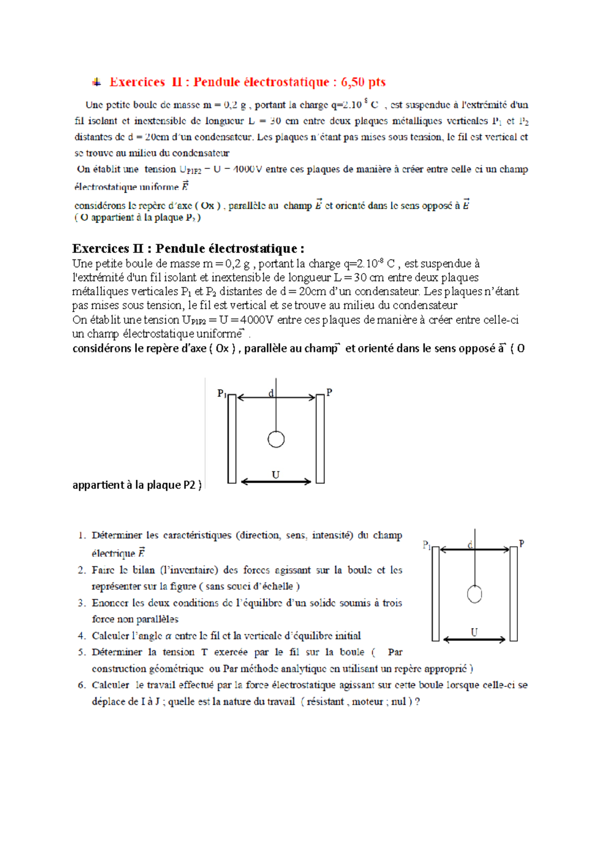 Exercices II: Champ Électrique et Pendule Électrostatique - Studocu