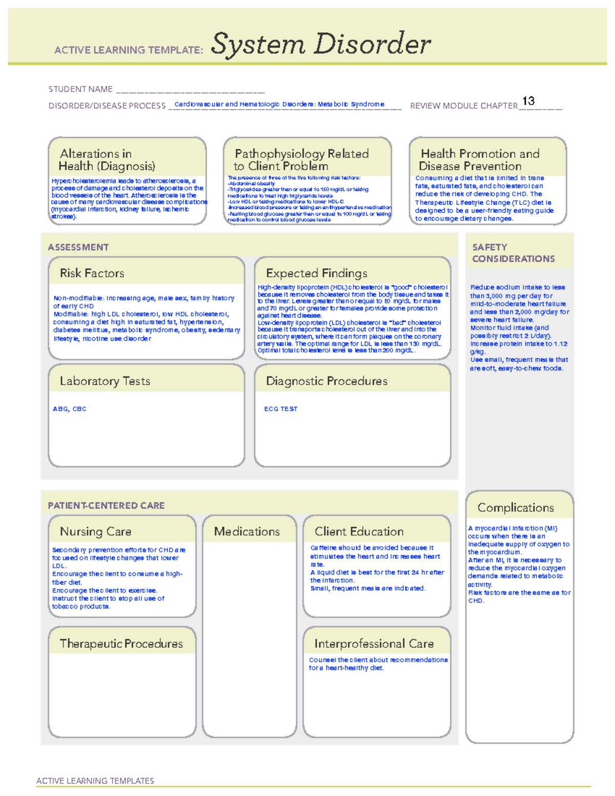 Active Learning Template: System Disorder - Hypercholesterolemia ...