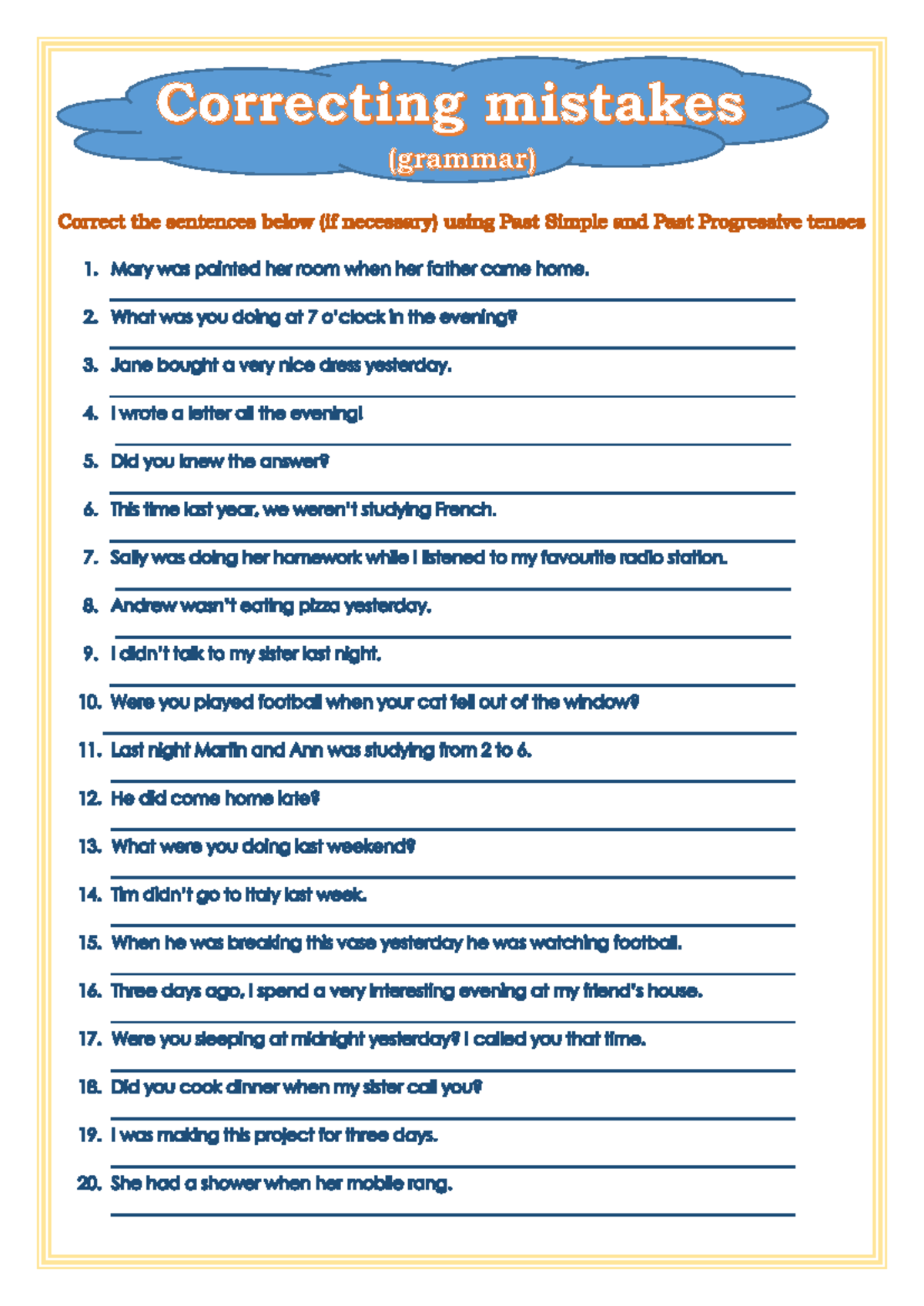 PAST Progressive Grammar Mistakes: Correction Exercises - Studocu