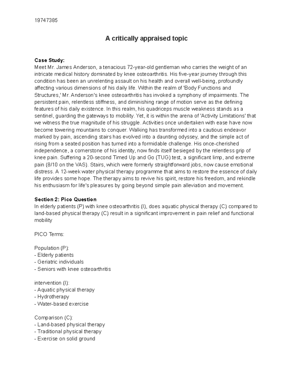 Case Study: Aquatic vs. Land-Based Therapy for Knee OA in Seniors - Studocu
