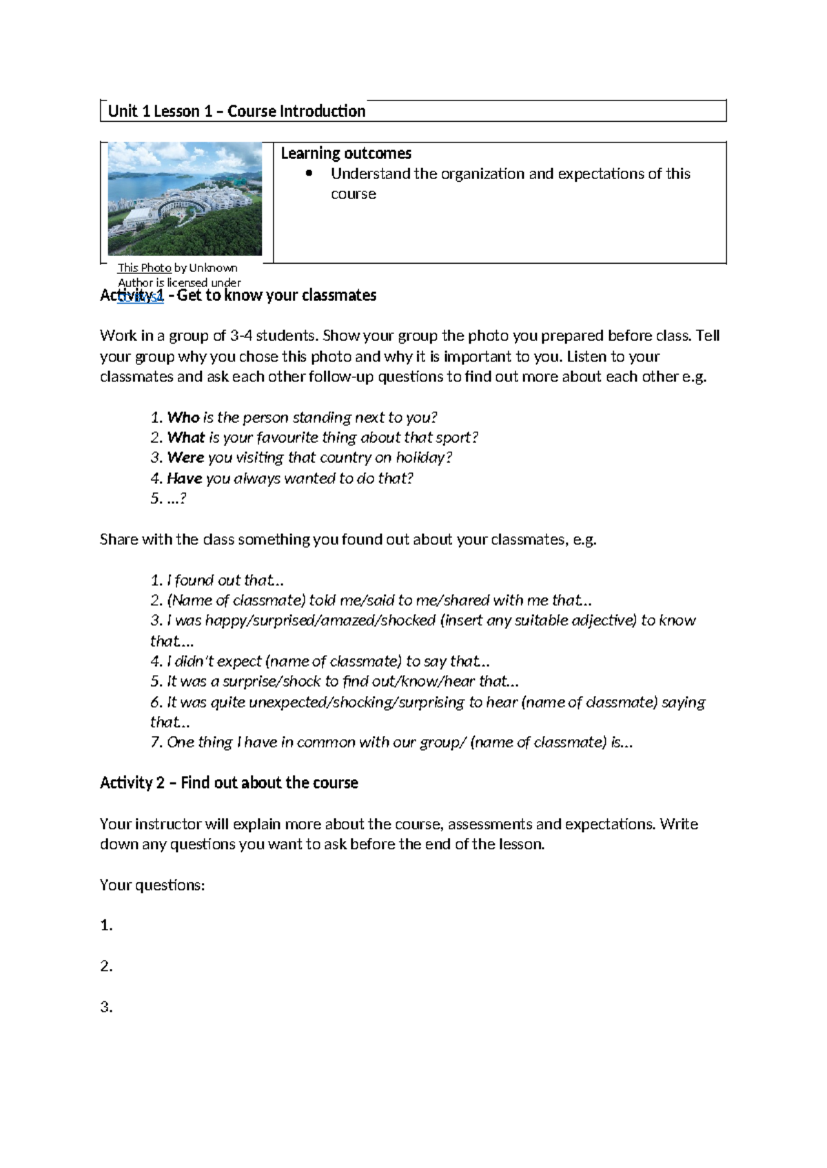 U1L1: Course Introduction & Classmate Interaction Activities - Studocu